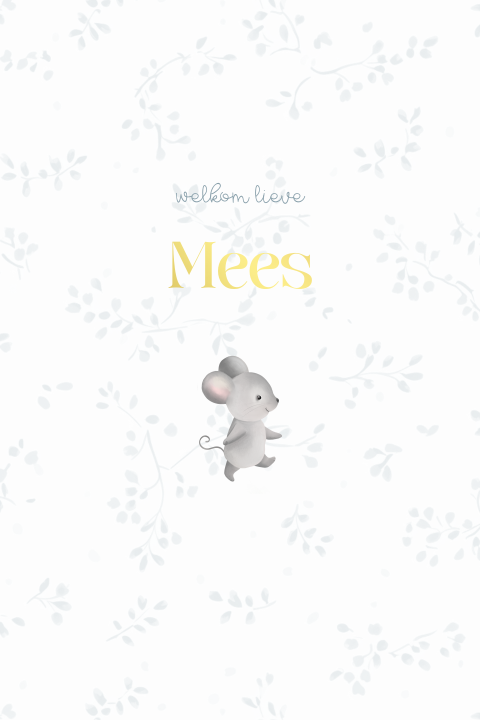 Getekend geboortekaartje met goudfolie, takjes en muisje