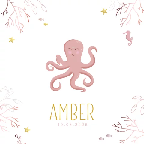 Hip geboortekaartje voor meisje met inktvis, zeepaardje en zeesterren