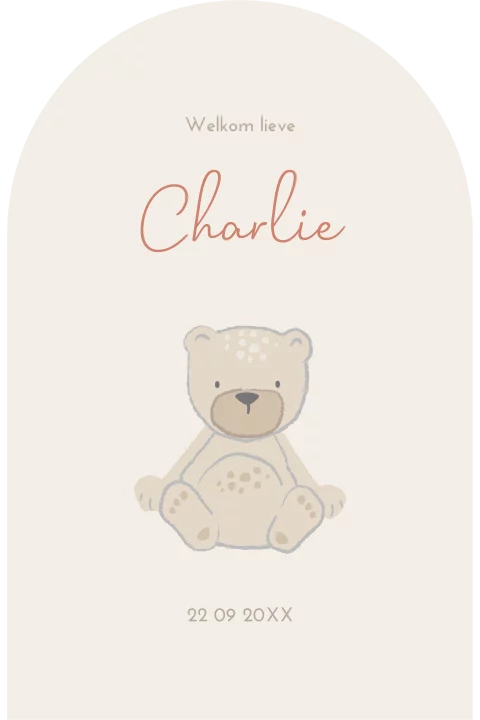 Lief unisex geboortekaartje met beer in de vorm van een arch