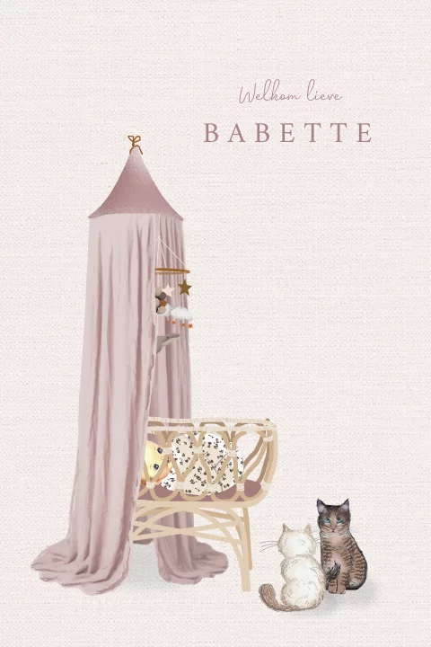 Getekend geboortekaartje met wieg en katten voor een meisje