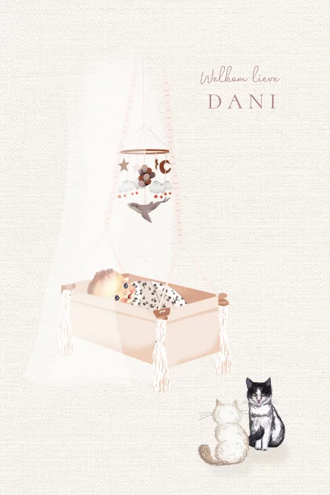 Lief geboortekaartje met baby in wieg en katten