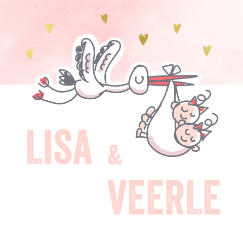 Vrolijk geboortekaartje voor tweeling in jungle met wilde dieren