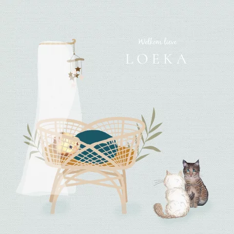 Blauw geboortekaartje met baby in wieg en katten