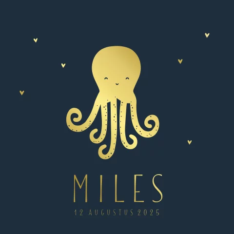 Hip donkerblauw geboortekaartje voor een jongen met goudfolie inktvis