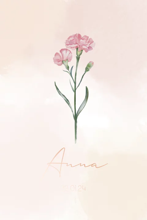 Lief geboortekaartje met watercolour en roze geboortebloem anjer
