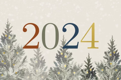 Kerstkaart voor 2024 met kerstboompjes en goudfolie