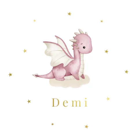 Rond geboortekaartje meisje draakje goudfolie