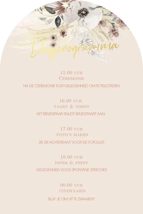 Kaartje dagprogramma in boogvorm met bloemen
