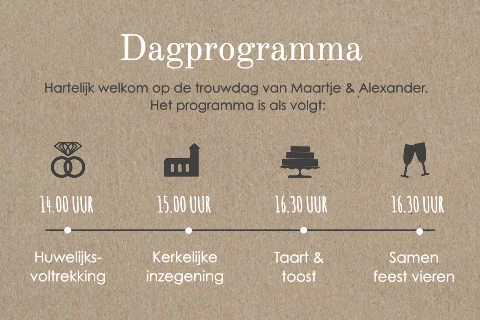Dagprogramma met indeling trouwdag en adressen