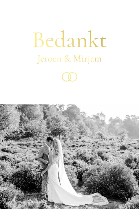 Bedankkaart bruiloft foto klassiek ringen goudfolie