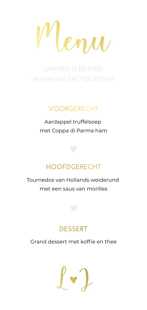 Menukaart lichtroze goudfolie sierlijk menu trouwhuisstijl