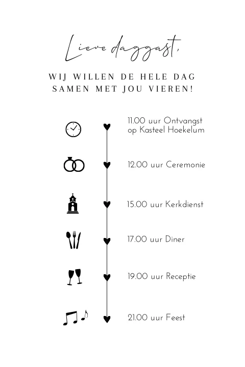 Trouwkaart dagprogramma klassiek zwart wit tijdlijn