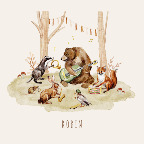 Vierkant geboortekaartje beer in mand getekend goudfolie