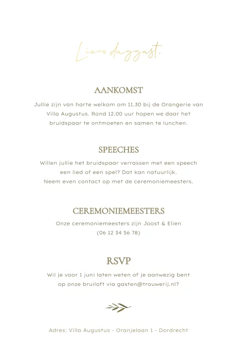 Programma kaartje bruiloft groen takje