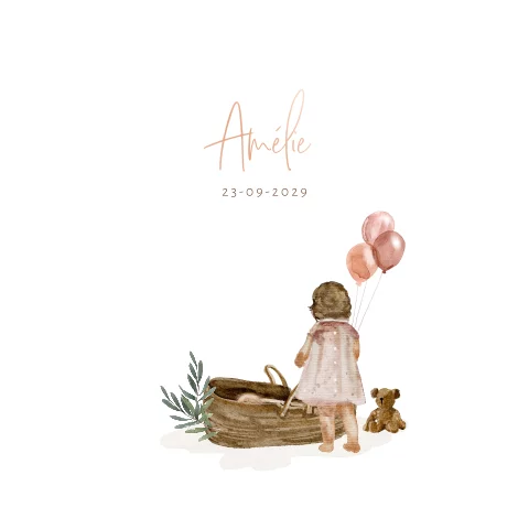 Getekend geboortekaartje voor een zusje met baby in mand en ballonnen