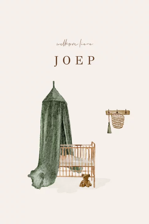 Geboortekaartje voor een jongen met een wieg met groene klamboe