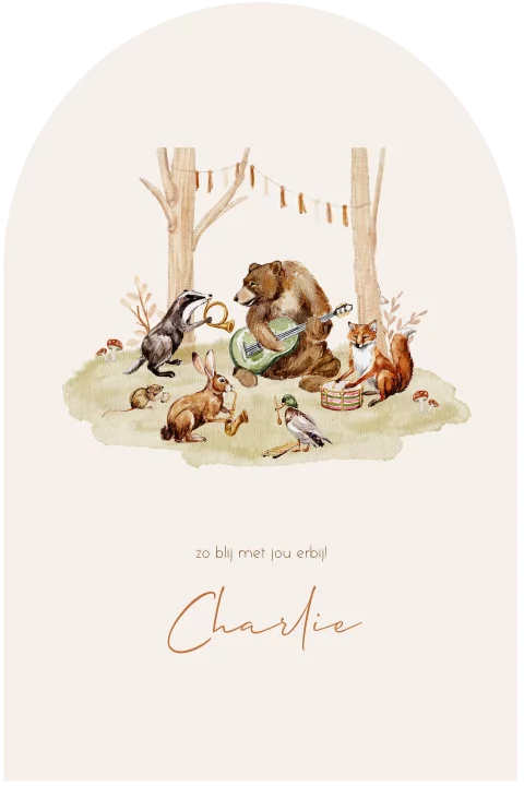 Geboortekaartje bosdieren feestje bos muziek getekend