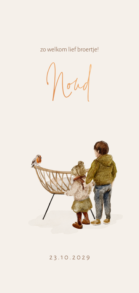 Geboortekaartje getekend gezin met een wiegje en oudere kinderen