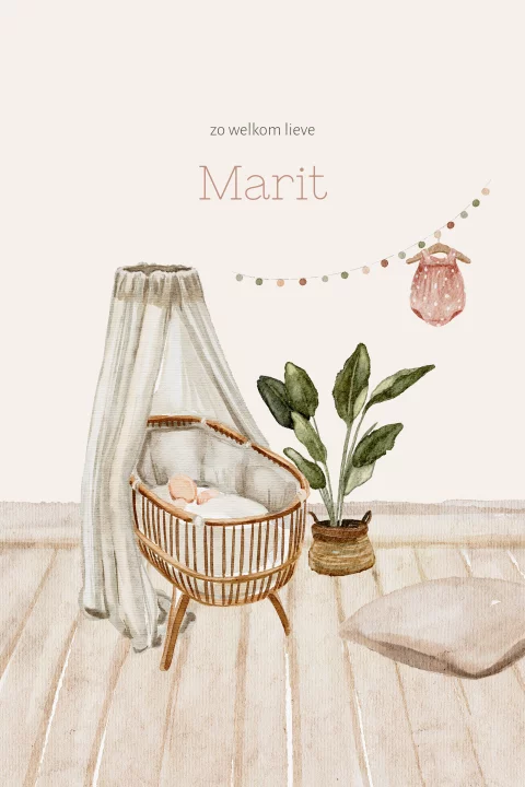 Geboortekaartje wiegje baby meisje getekend roze romper