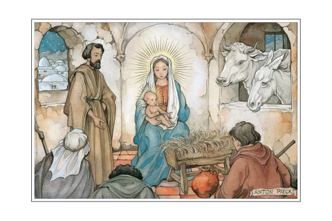 Kerstkaart Anton Pieck Jezus Maria en Jozef in de stal
