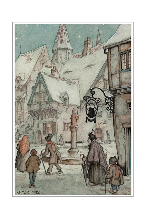 Kerstkaart Anton Pieck winters plein met fontein