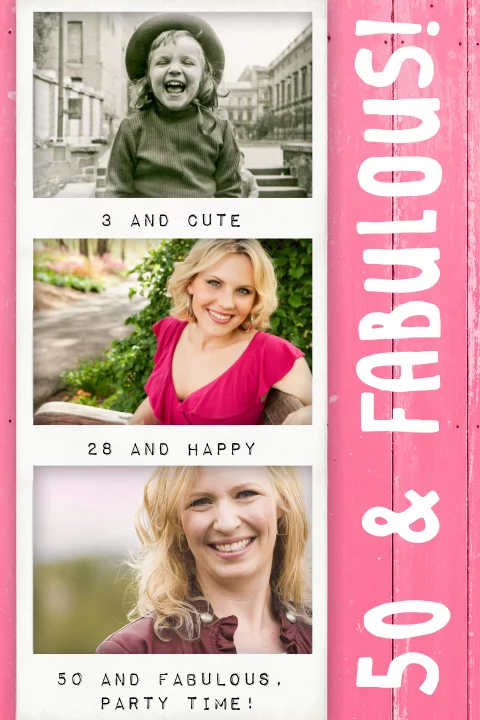 50 jaar sarah uitnodiging met roze hout en foto strip