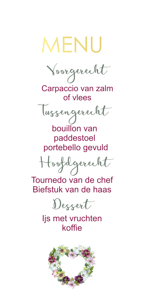 Menu trouwen hart helleborusbloemen.