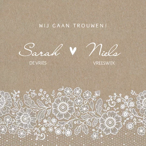 Kraftpapier trouwkaart met wit kant