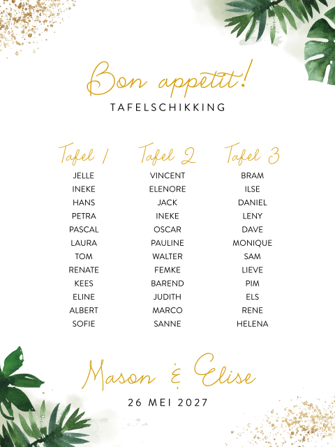 Tafelschikking bord met tropische bladeren