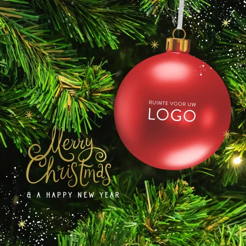 Kerstkaart met logo op rode kerstbal