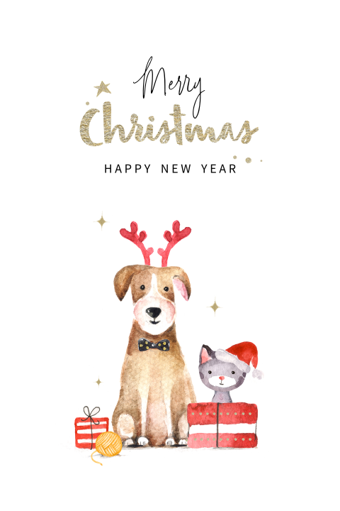Kerstkaart met kat en hond