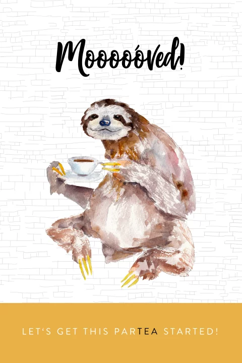 Grappige verhuiskaart met luiaard en thee
