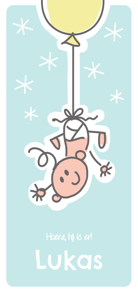 Geboortekaart baby hangend aan een gele ballon