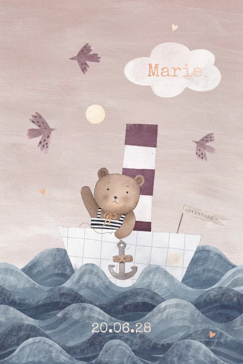 Roze geboortekaartje met bootje op zee en lieve beer