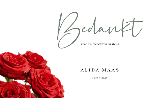 Klassiek bedankkaartje na overlijden met rode rozen