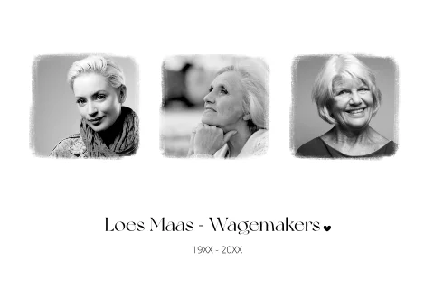 Moderne rouwkaart zwart-wit enkel met drie foto's in maskers