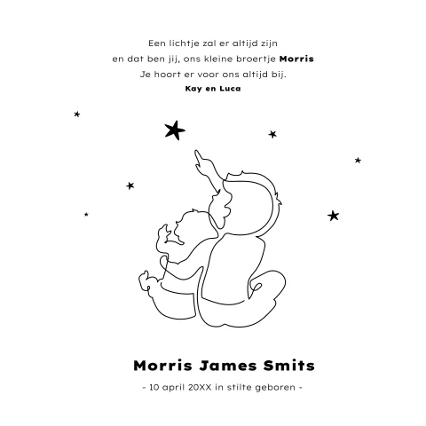 Sterren baby rouwkaartje zwart-wit overleden broertje