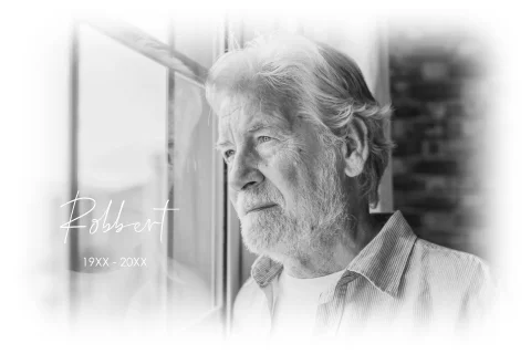 Rouwkaart man met op voorzijde zwart-wit foto