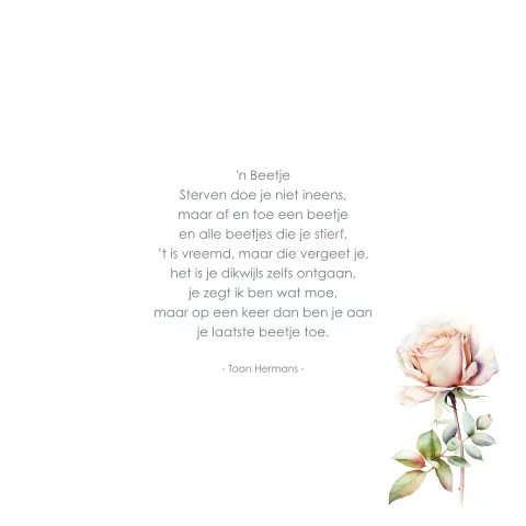 Bedankkaart na overlijden met gedicht Toon Hermans en roos