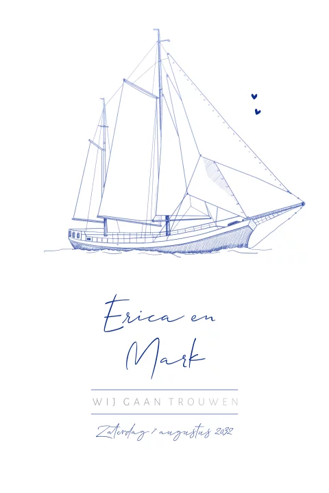Trouwkaart dubbel zeilboot getekend