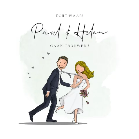 Trouwkaart bruidspaar met stropdas en hartjes