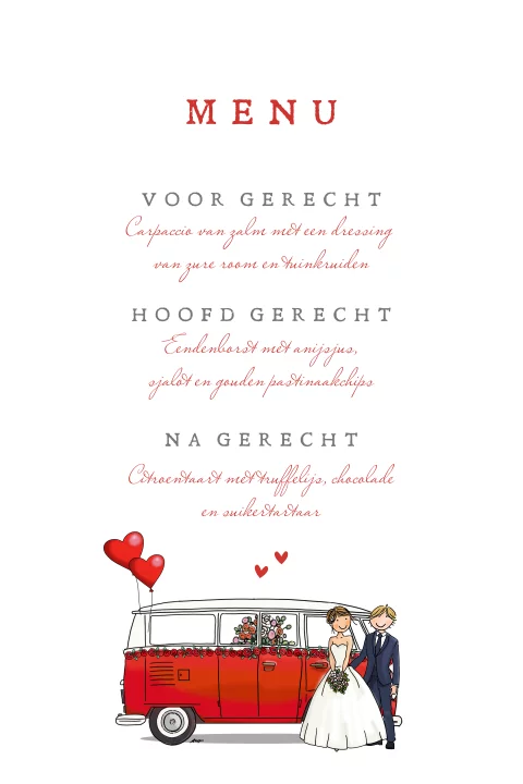 Menukaart bruidspaar met rood busje