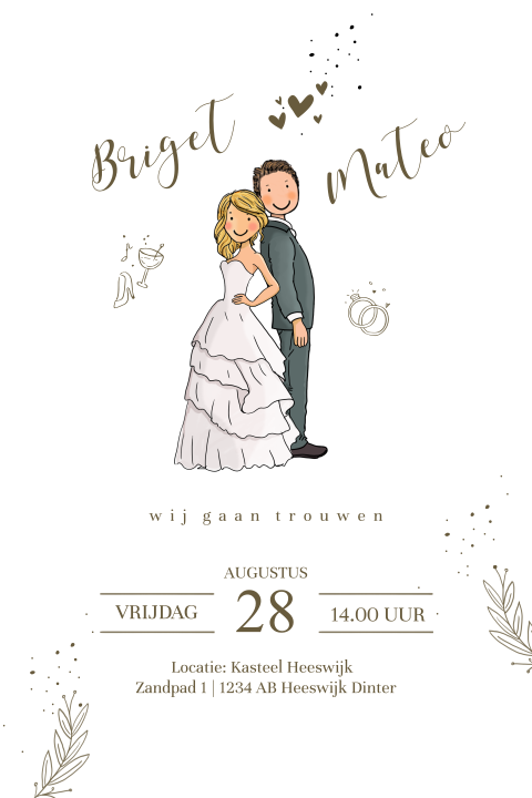 Trouwkaart staand enkel met takjes en bruidspaar tegen rug