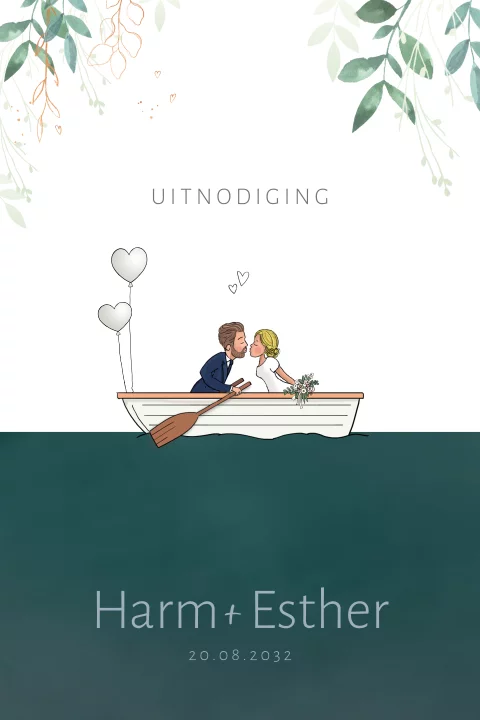 Trouwkaart wit roeibootje met bruidspaar