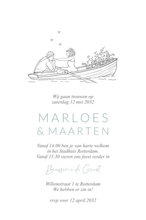 Trouwkaart arc stans vorm roeibootje met bruidspaar