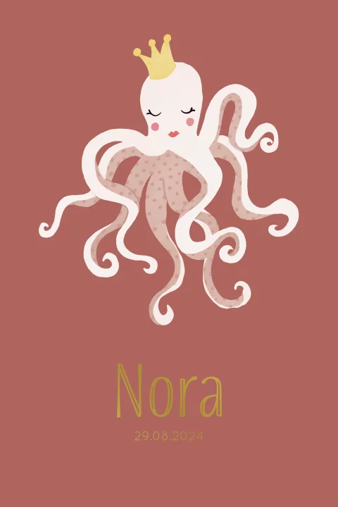 Roze geboortekaartje met inktvis