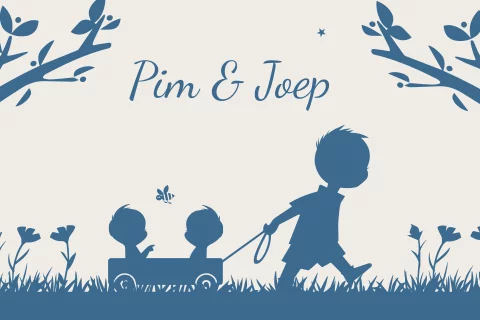 Geboortekaartje tweeling blauw grote broer bolderkar