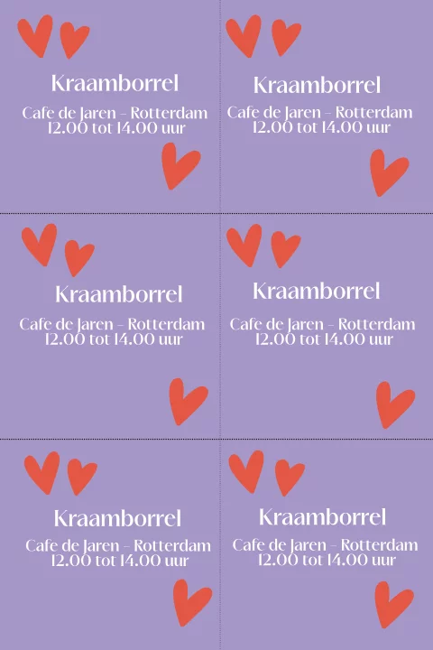 Kraamborrelkaartjes 6stuks lila met rode hartjes