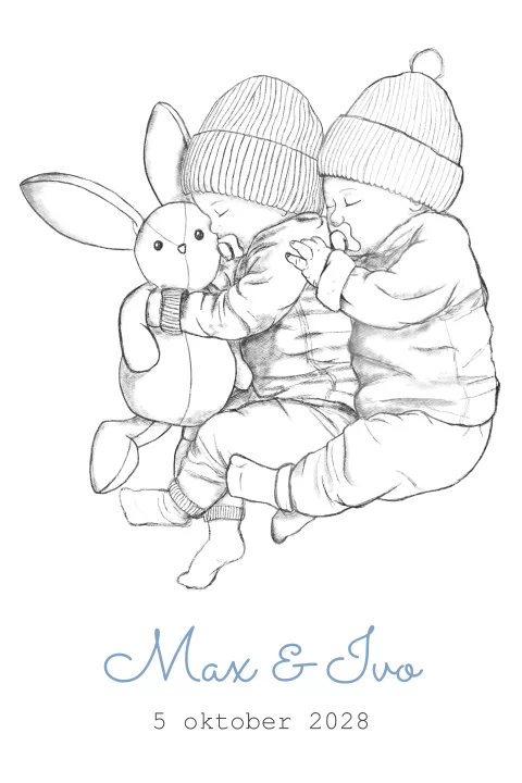 Geboortekaartje tweeling tekening met beertje