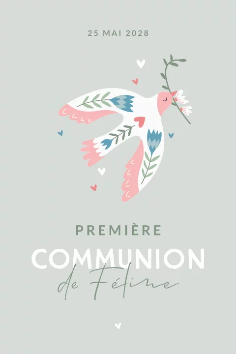 Faire-part de confirmation avec colombe colorée sur fond vert menthe